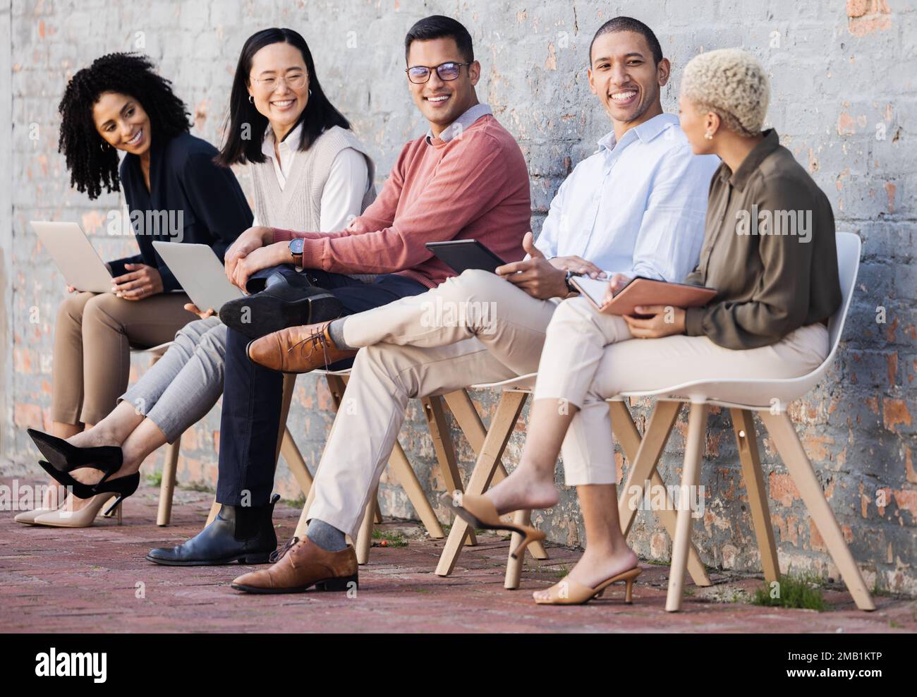 Business people, interview line and relax conversation with technology ...