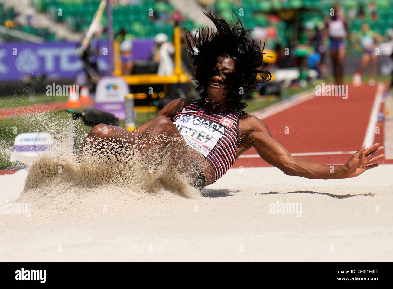 Christabel Nettey, of Canada, competes in qualifications for the women ...