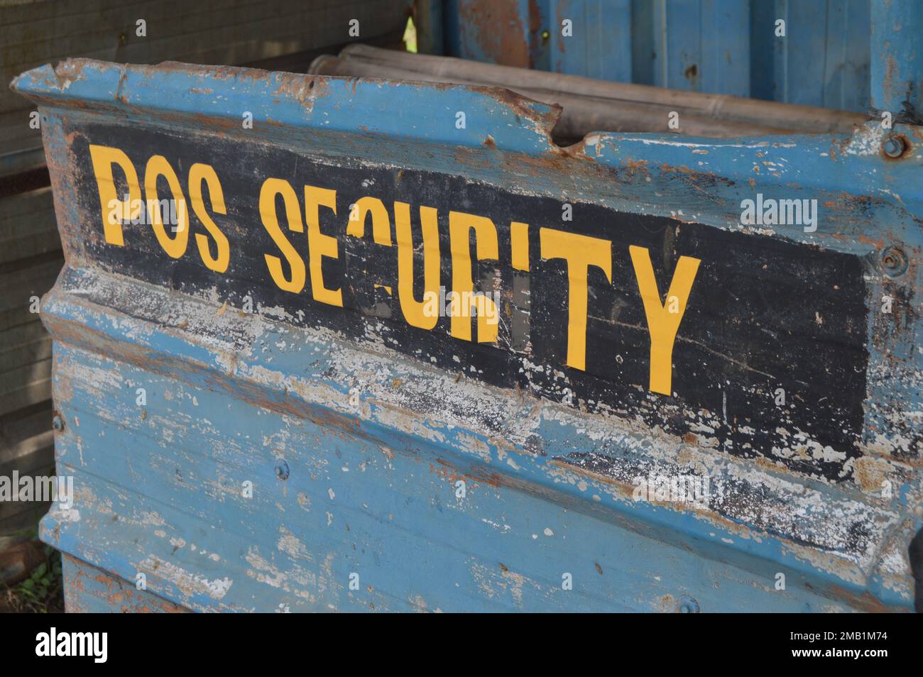 Portrait of an abandoned Security Post with the words POS SECURITY with ...