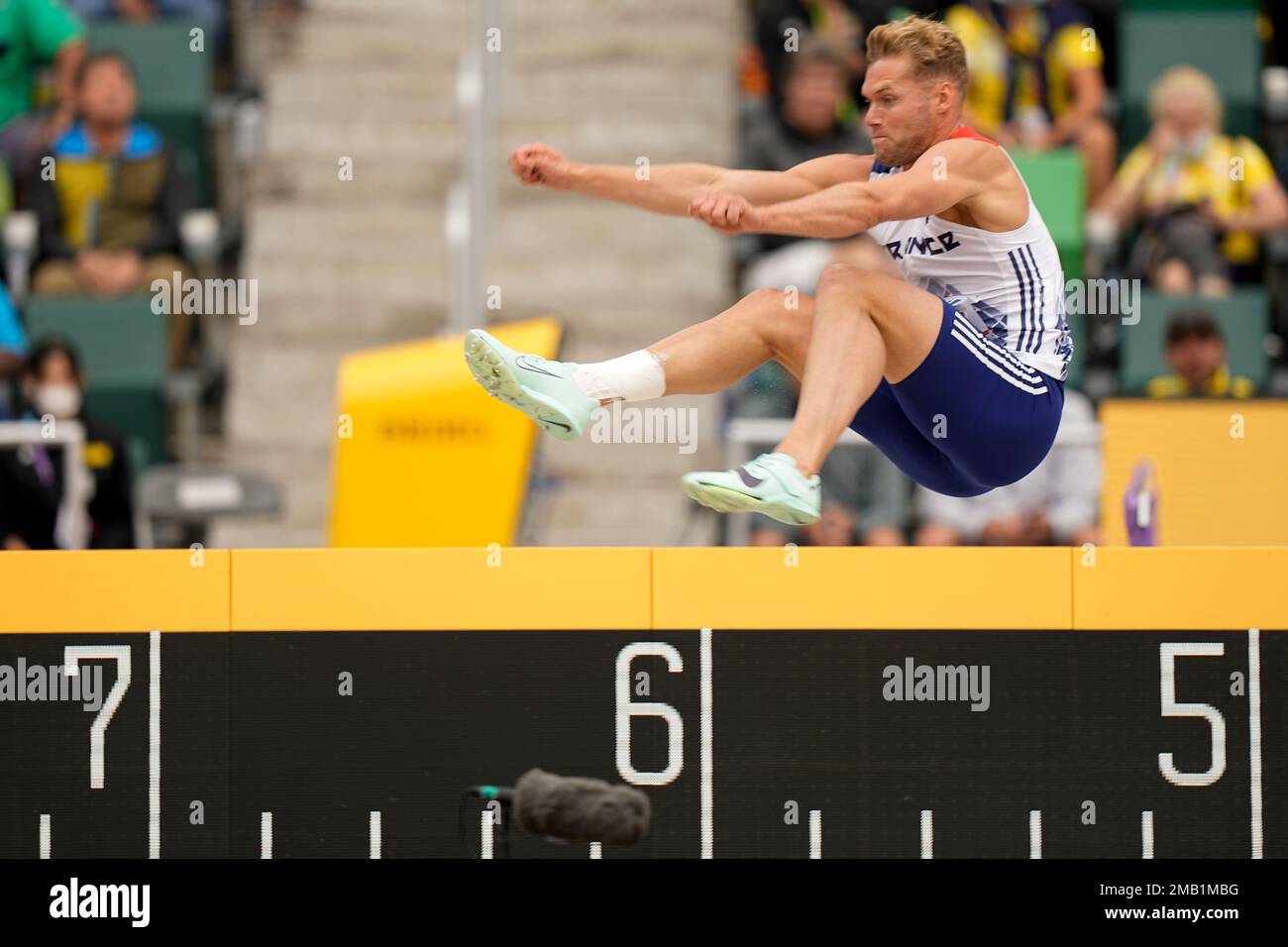 Kevin Mayer, of France, competes in the decathlon long jump at the ...