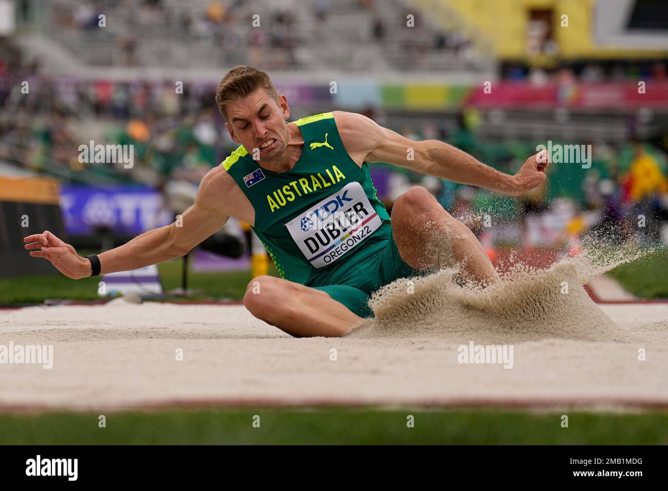 Cedric Dubler, of Australia, competes in the decathlon long jump at the ...