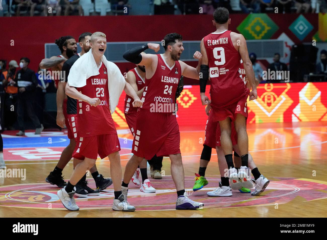 Team Lebanon celebrates their victory over Jordan during their ...