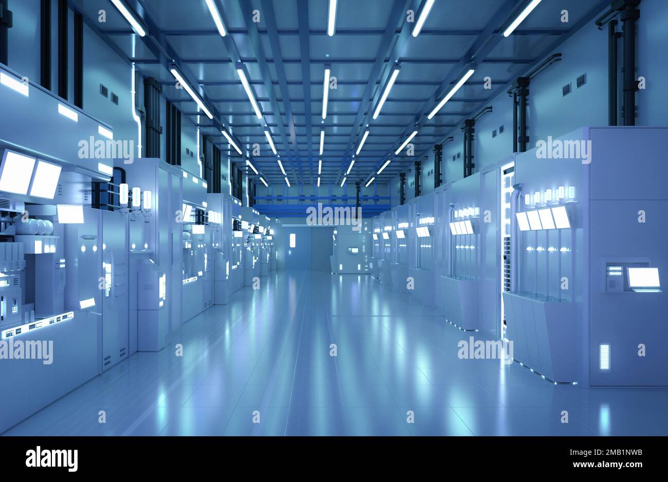 3d rendering blue futuristic semiconductor manufacturing factory or ...