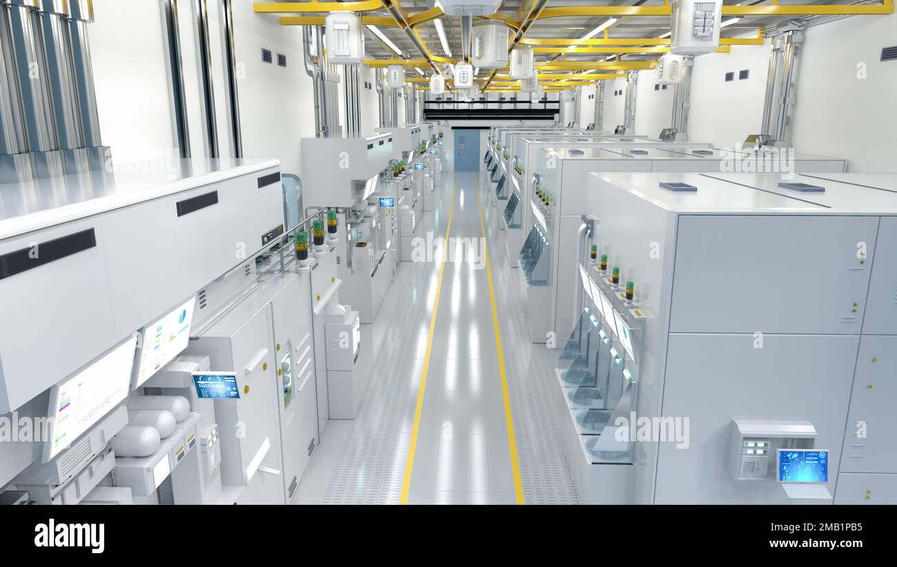3d rendering white futuristic semiconductor manufacturing factory or ...