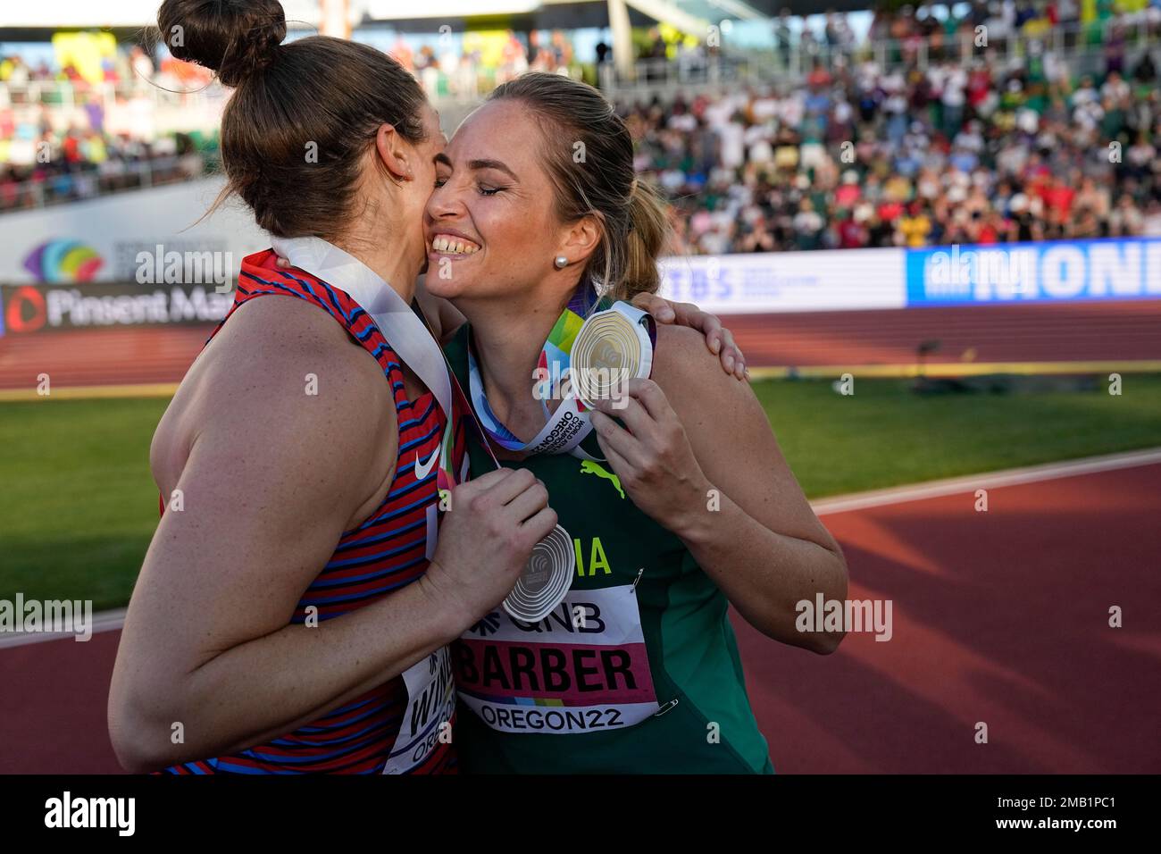 Gold medalist Kelsey-Lee Barber, of Australia, right, celebrates with ...