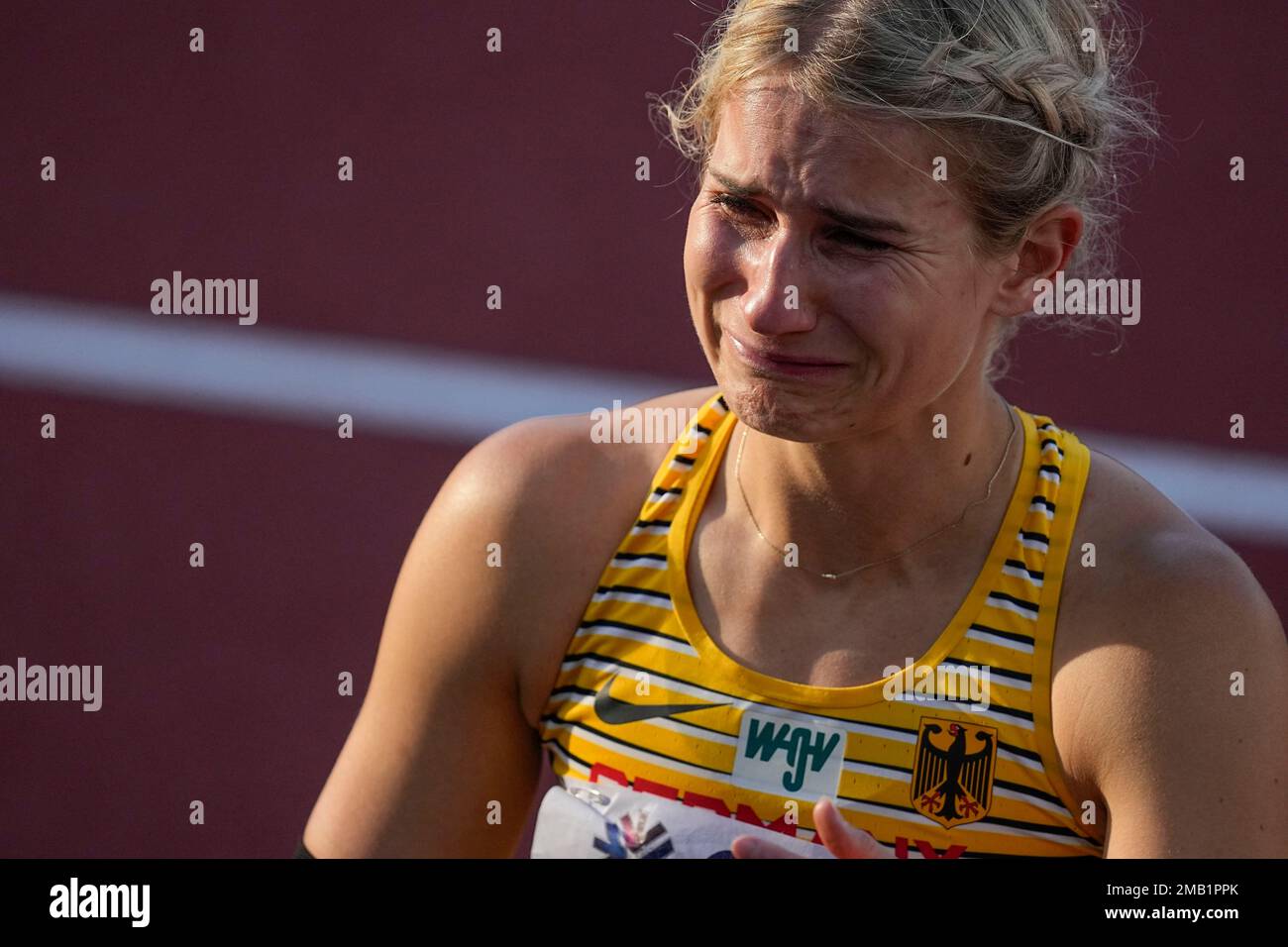 Annika Marie Fuchs, of Germany, reacts in the women's javelin throw ...