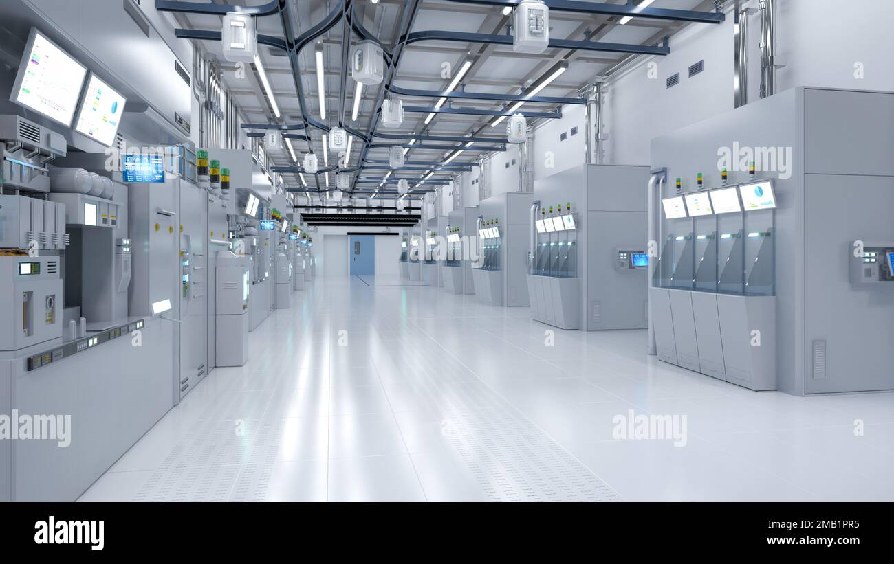 3d rendering white futuristic semiconductor manufacturing factory or ...