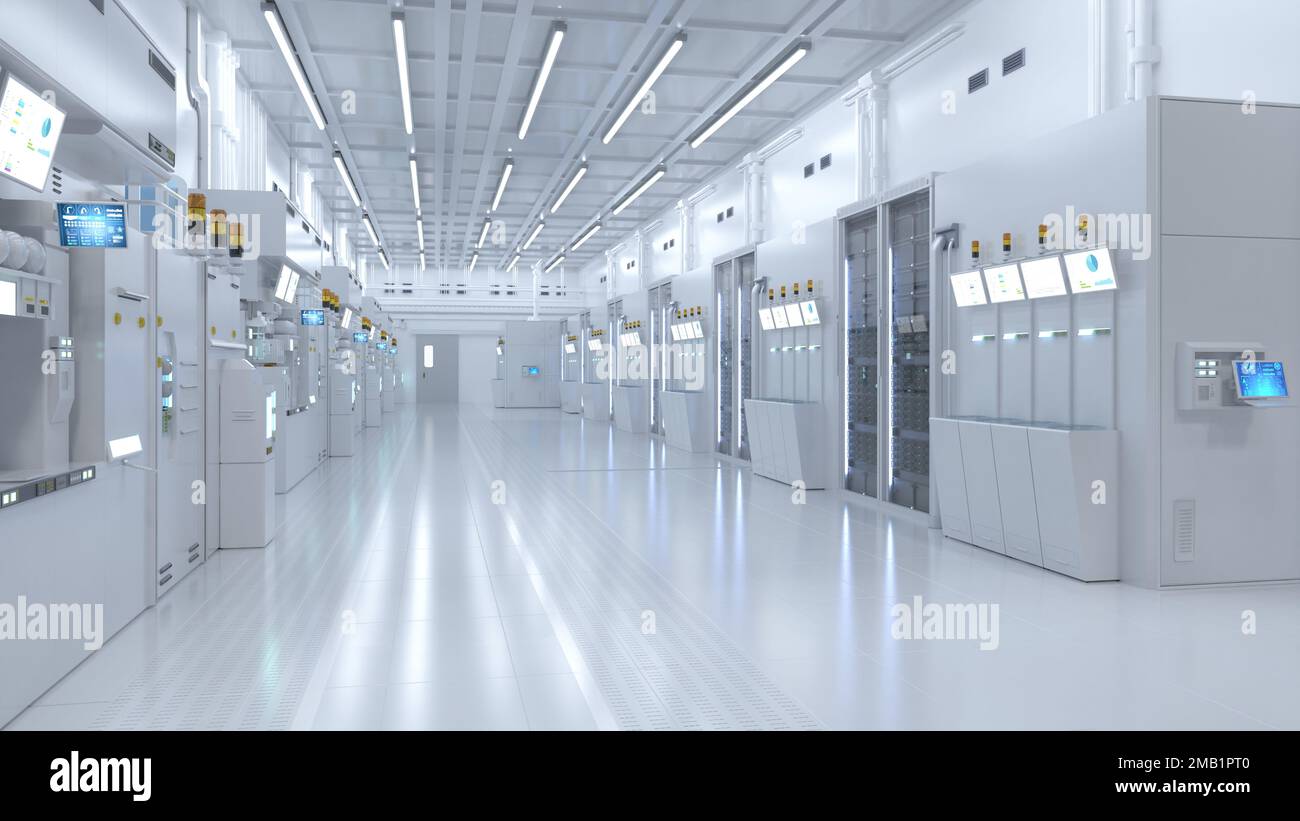 3d rendering white futuristic semiconductor manufacturing factory or ...