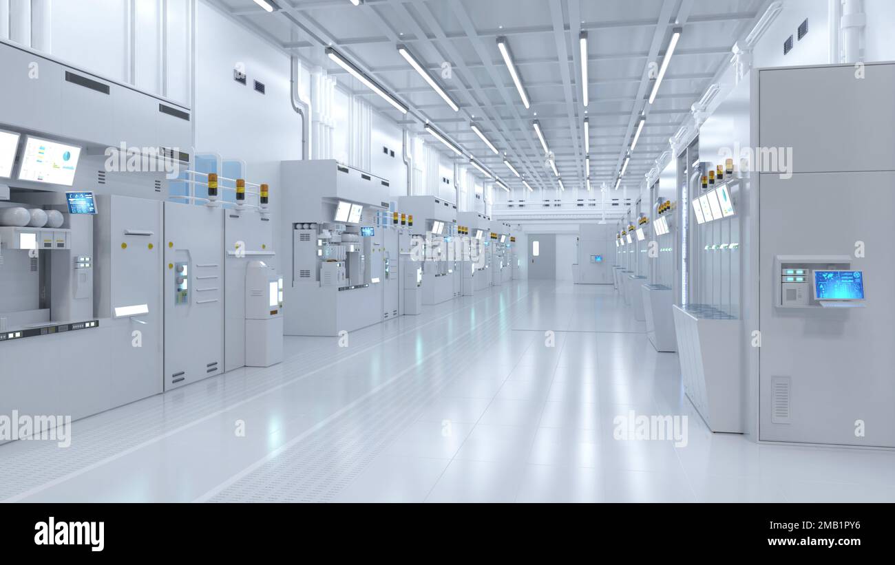 3d rendering white futuristic semiconductor manufacturing factory or ...