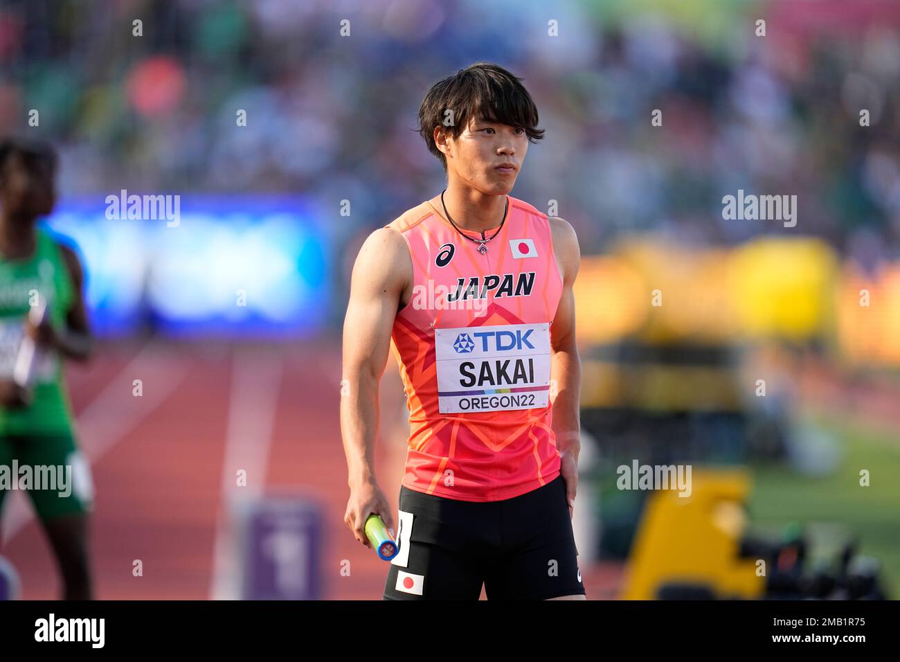 Ryuichiro Sakai, of Japan, prepares for a heat during the men's 4x100-meter relay at the World ...