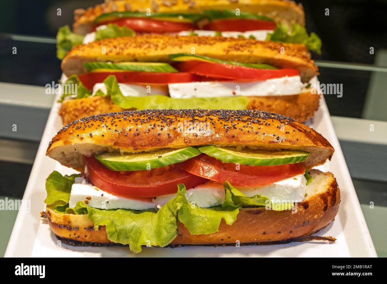 Showcase with vegetarian sandwiches in cafe, snacks for to go Stock ...