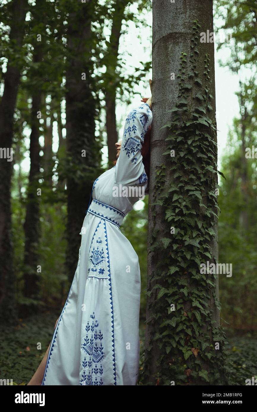 Close up woman in embroidered dress leaning against tree trunk concept ...