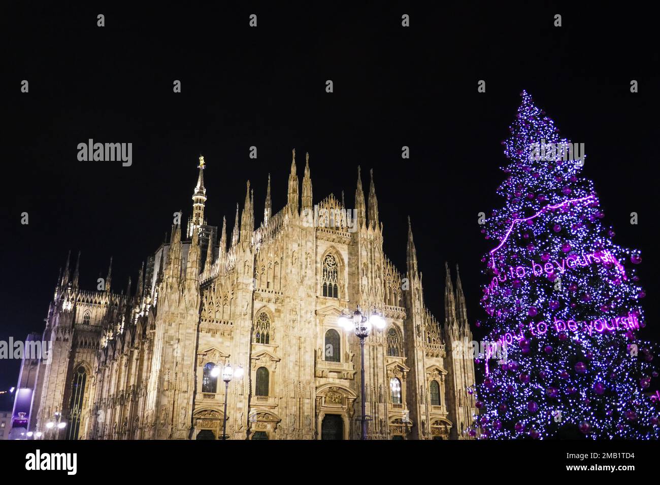 An illuminated Christmas tree in front of the Duomo di Milano at night ...