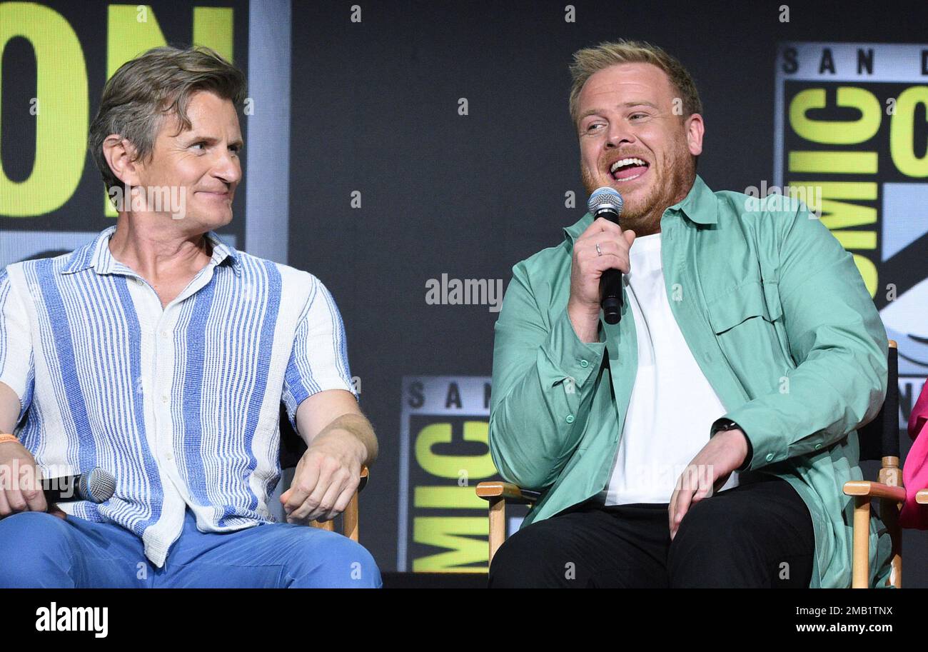 Simon Merrells, left, and Owain Arthur attend a panel for "The Lord of ...