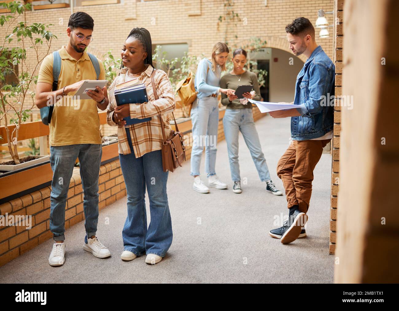 Students, college and education, tablet and books for learning ...