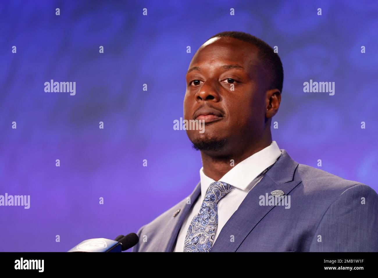 Pittsburgh defensive lineman Deslin Alexandre answers a question at the ...