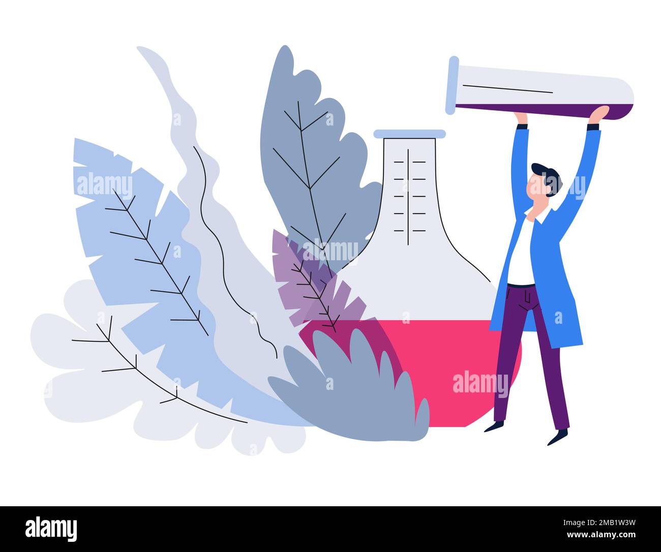 Lab equipment and scientist with chemical flasks genetics experiment ...