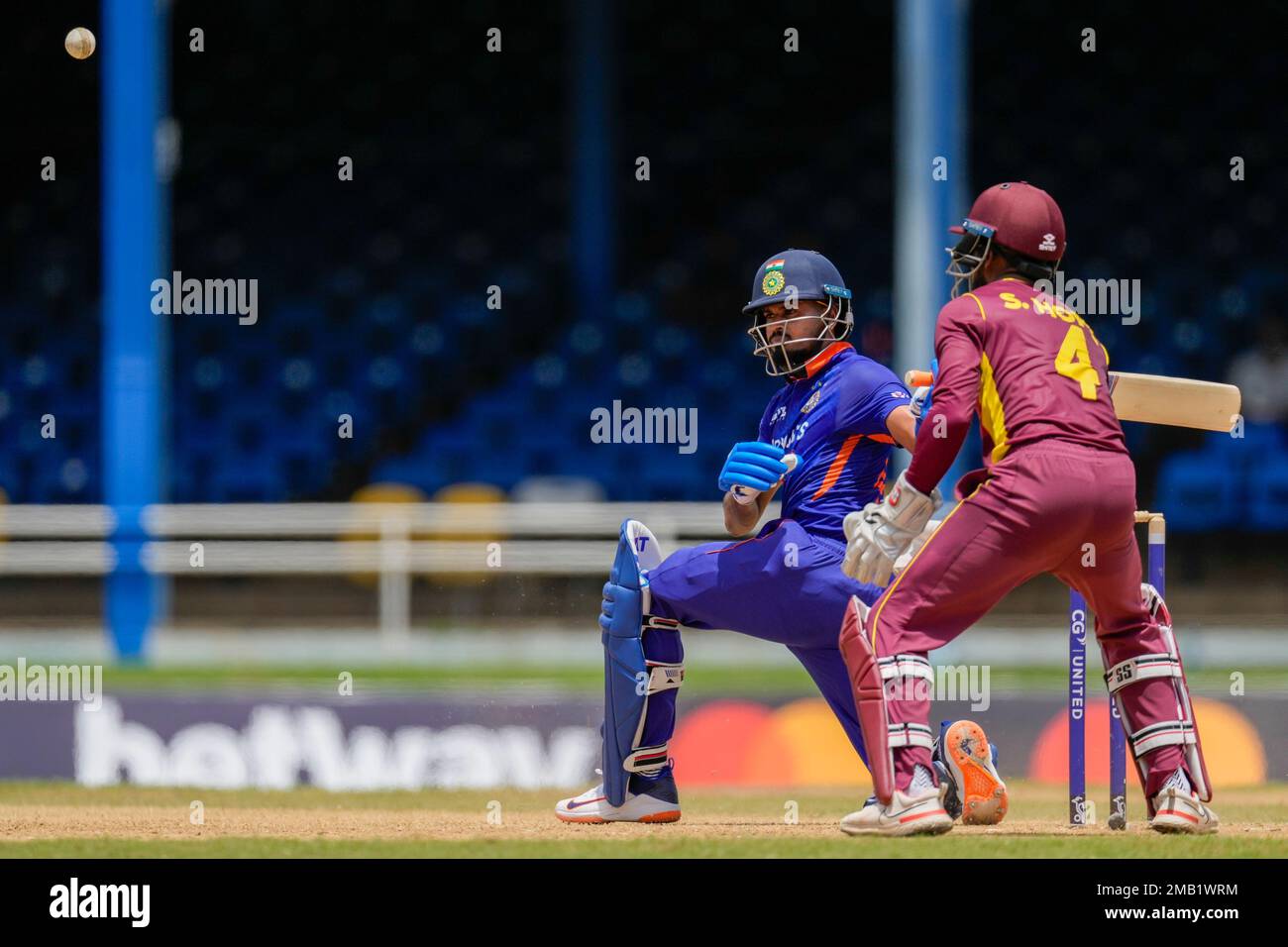 India's Shreyas Iyerplays a shot from the bowling of West Indies ...