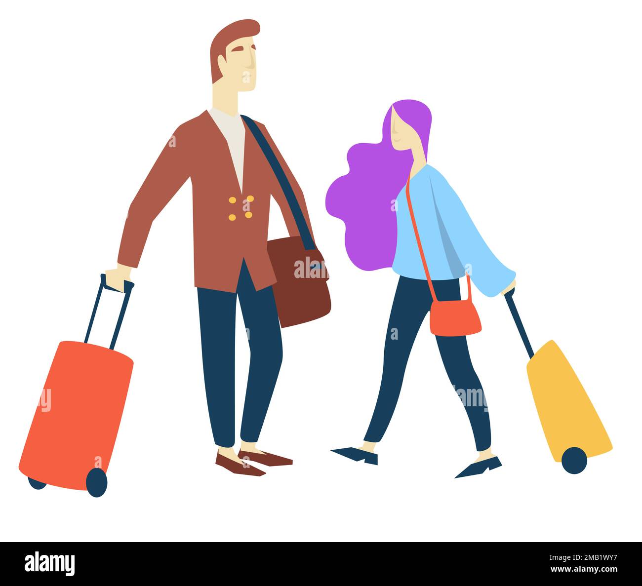 Flight passengers man and woman with suitcases traveling and airport ...