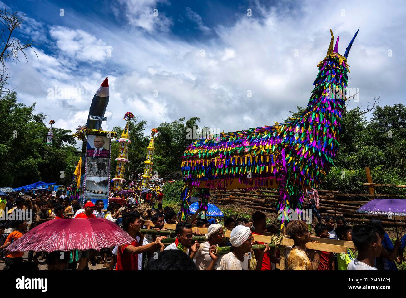 Pnar, or Jaintia, tribals carry 'Rongs' or chariots, one of them ...