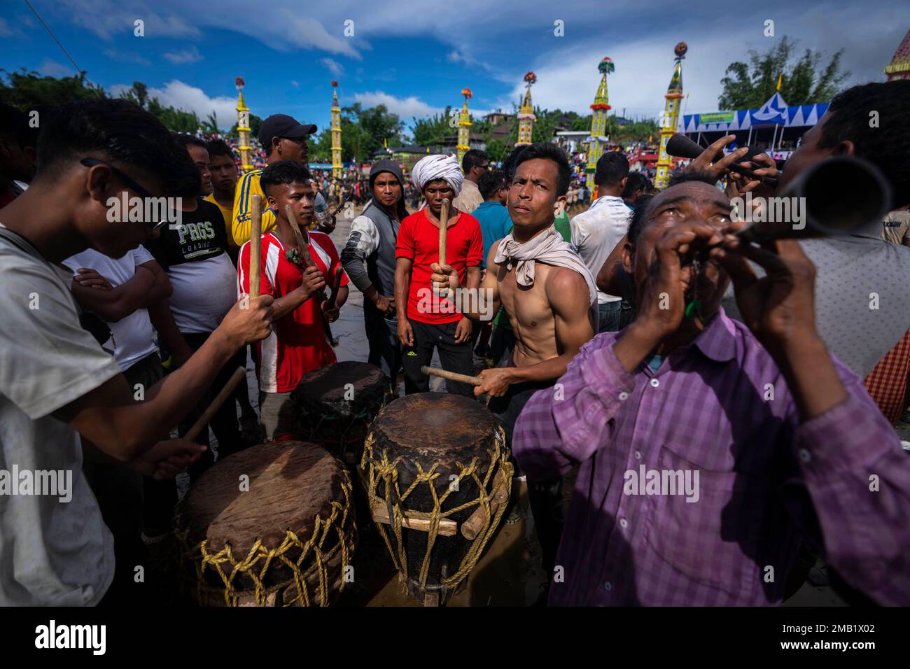 Pnar, or Jaintia, tribals beat traditional drums as they carry 'Rongs ...