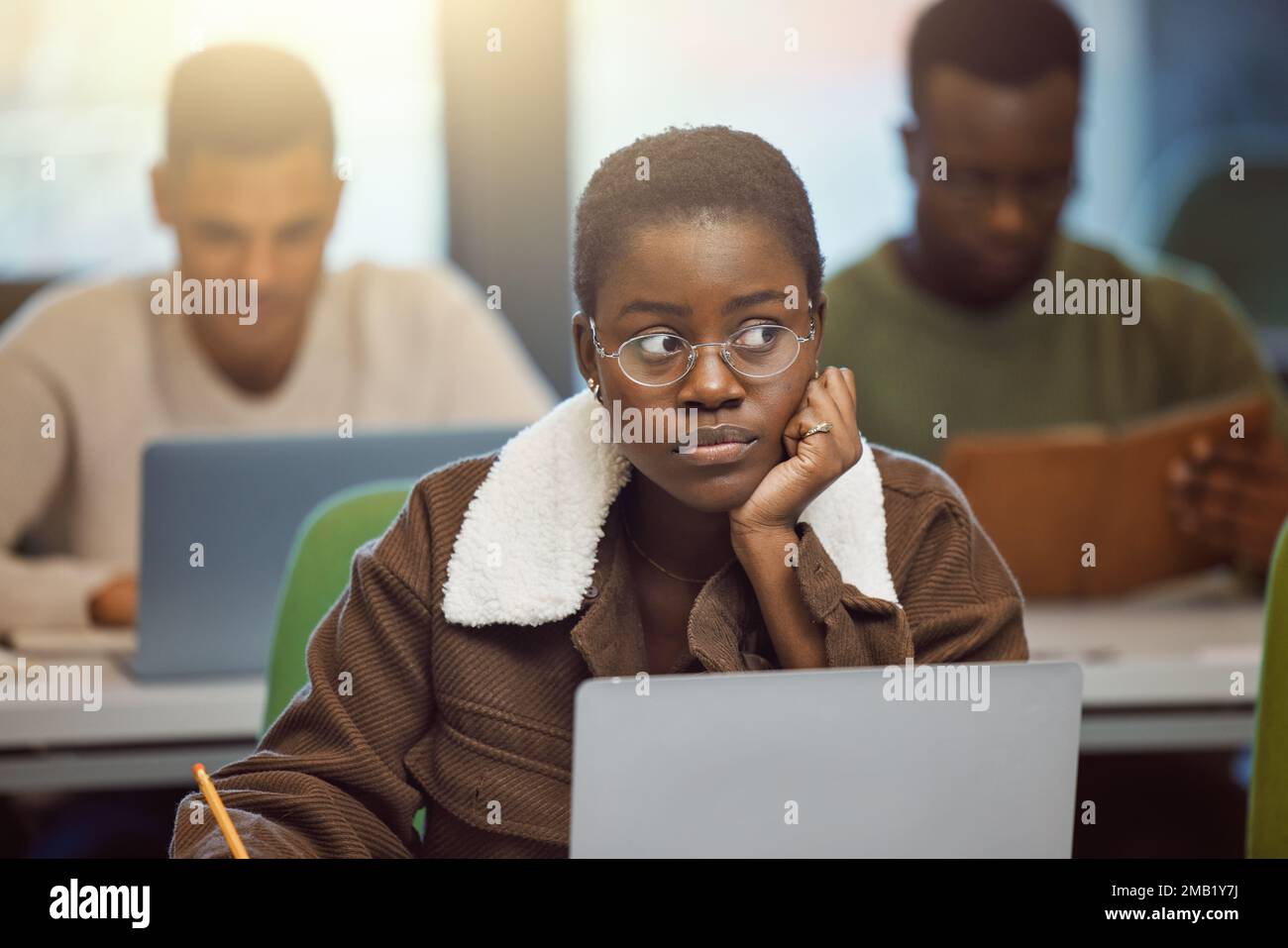Student stress, anxiety or fear in exam, test or classroom lesson on ...