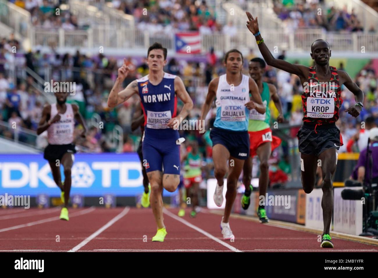 Jacob Krop, of Kenya, wins during a heat in the men's 5000-meter run at ...
