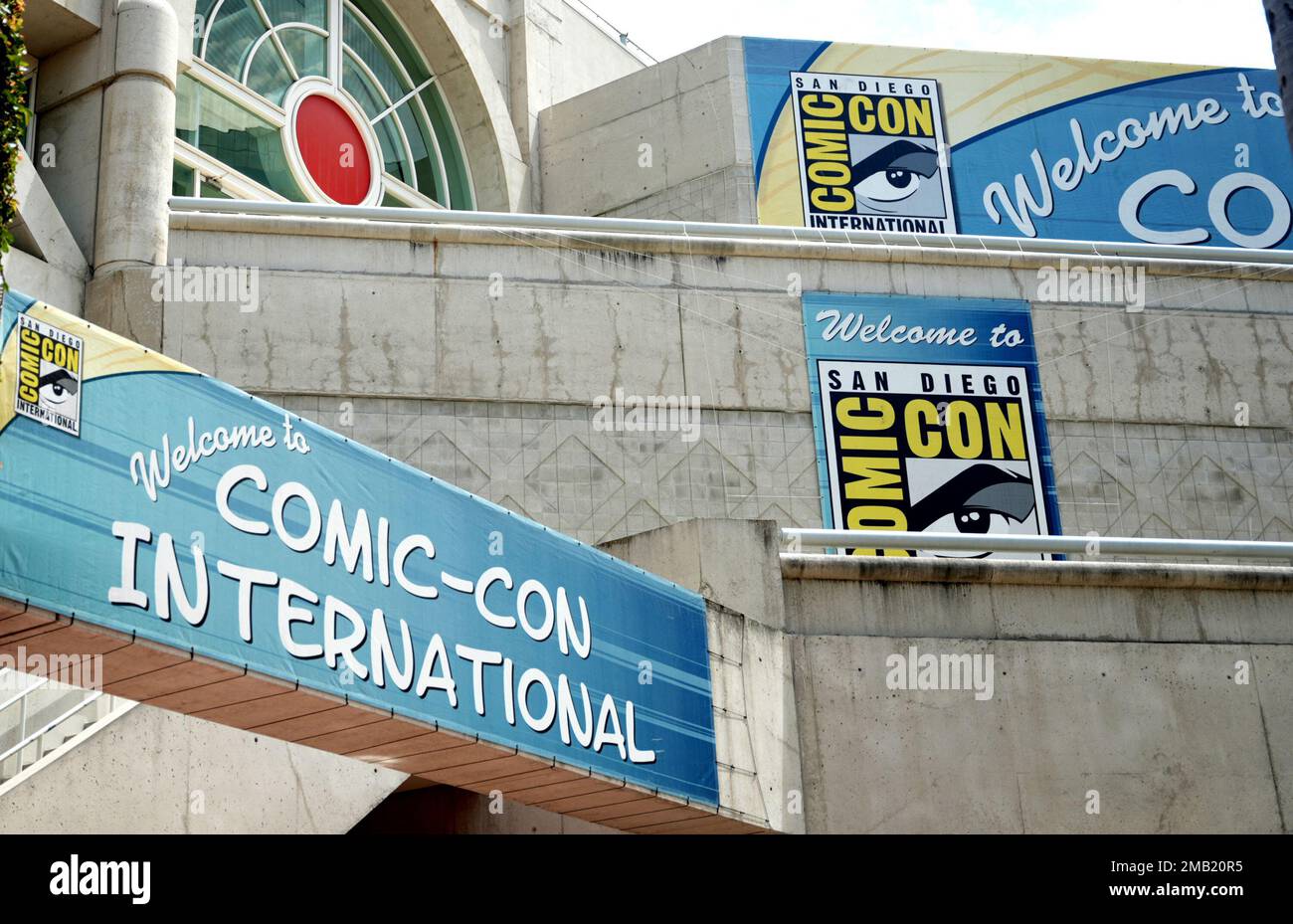 A view of signage appears before the start of Comic-Con International ...