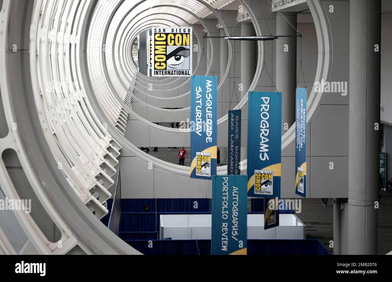 A view of signage appears before the start of Comic-Con International ...