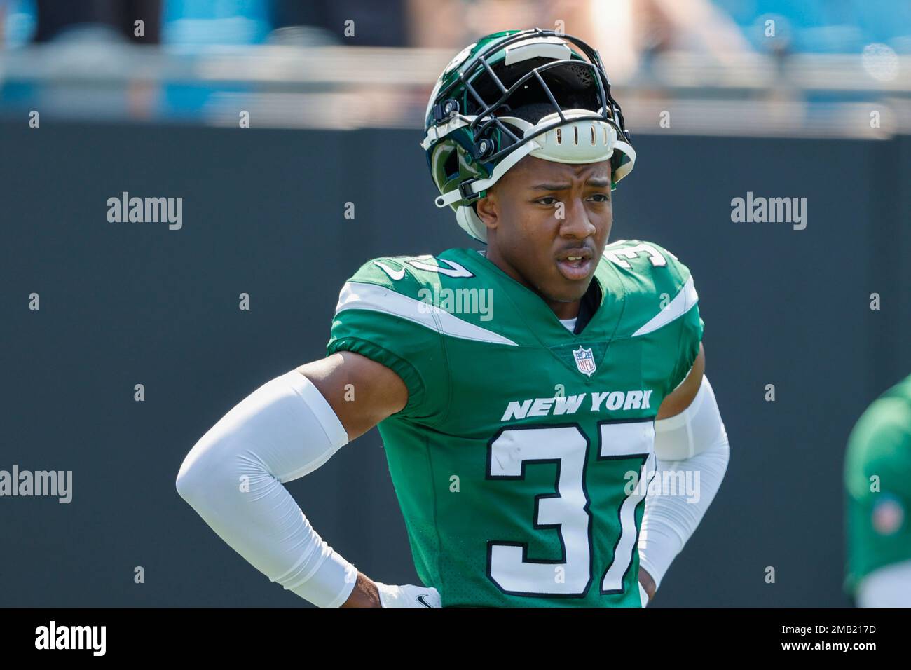 FILE - New York Jets cornerback Bryce Hall stands on the field before ...