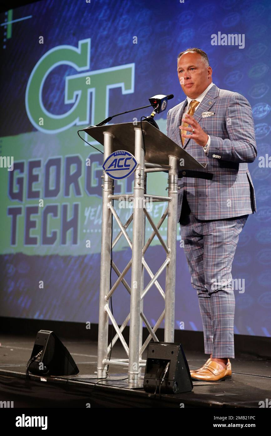 Georgia Tech head coach Geoff Collins answers a question at the NCAA ...