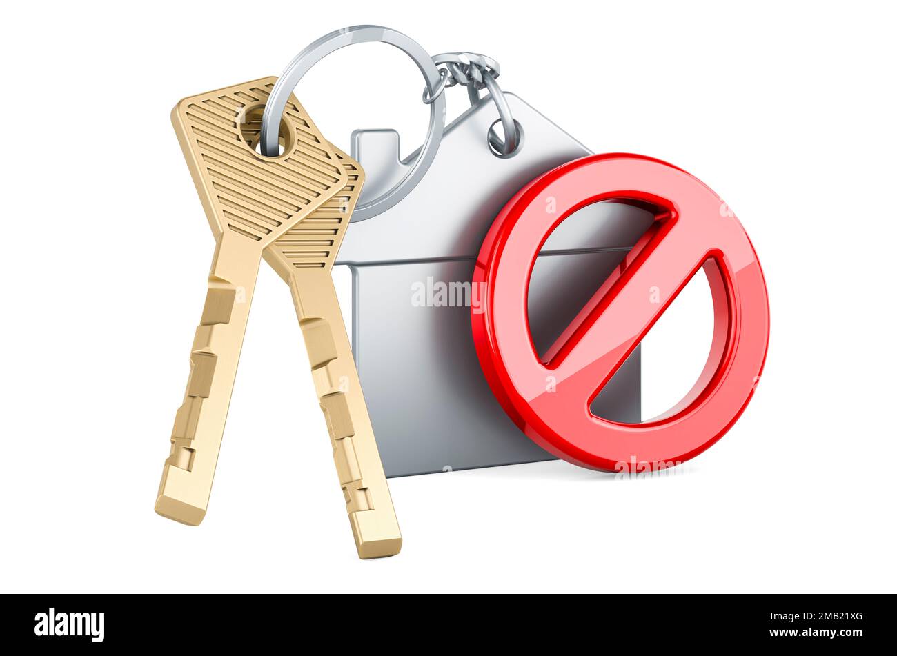 Home key with keychain with forbidden symbol, 3D rendering isolated on ...