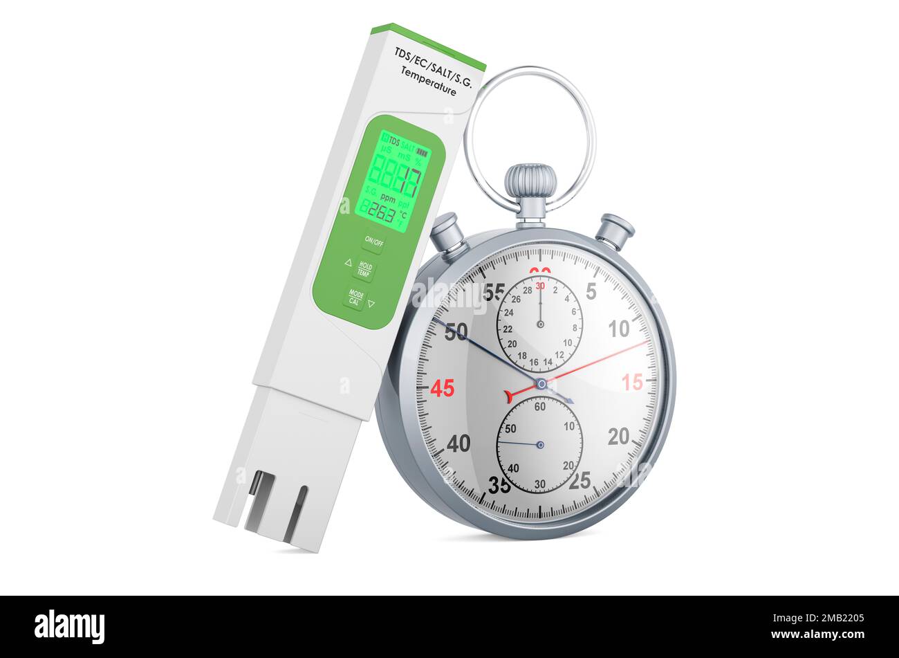 TDS meter with stopwatch. 3D rendering isolated on white background ...