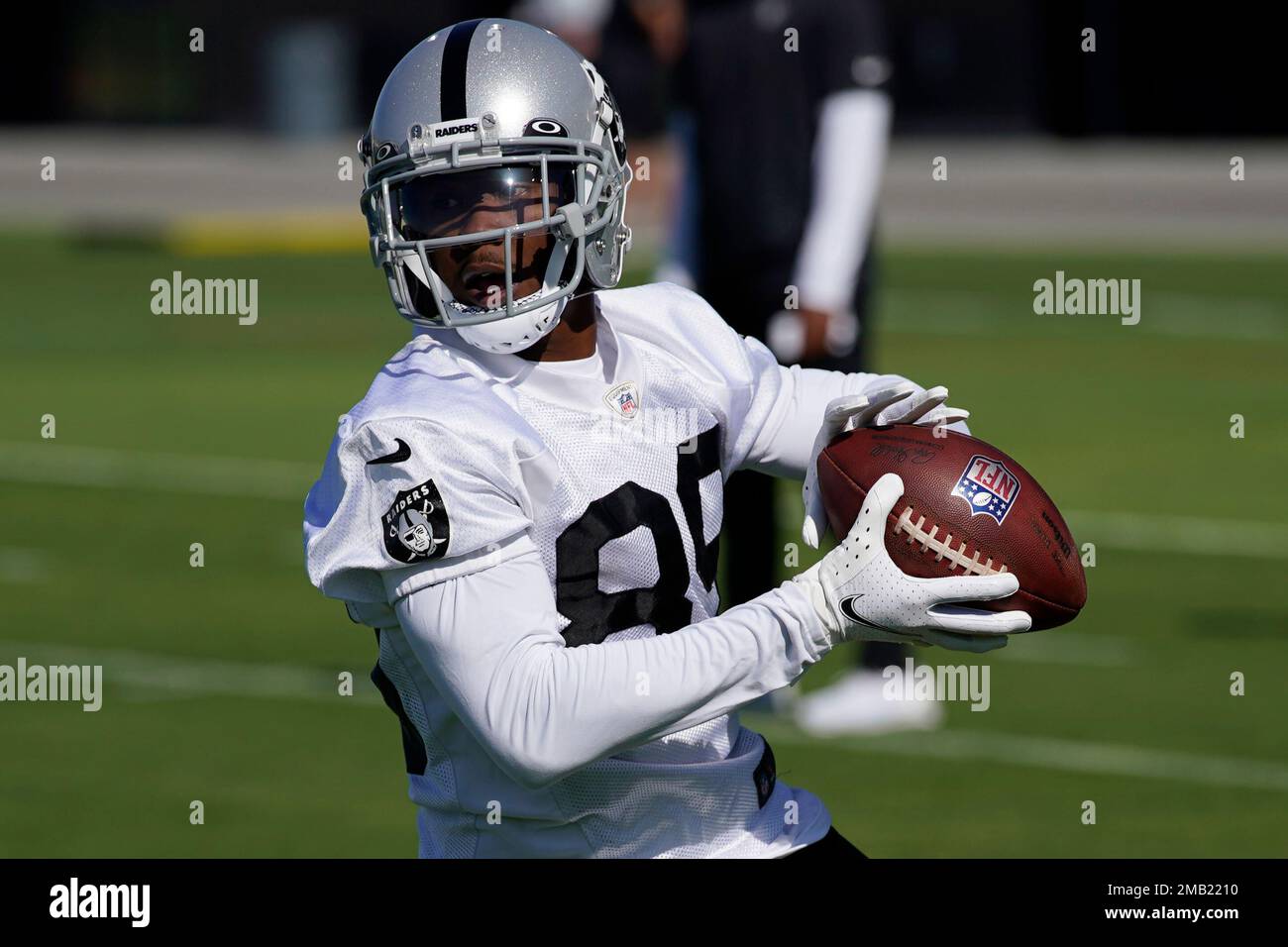 Las Vegas Raiders' Isaiah Zuber practices during NFL football training ...