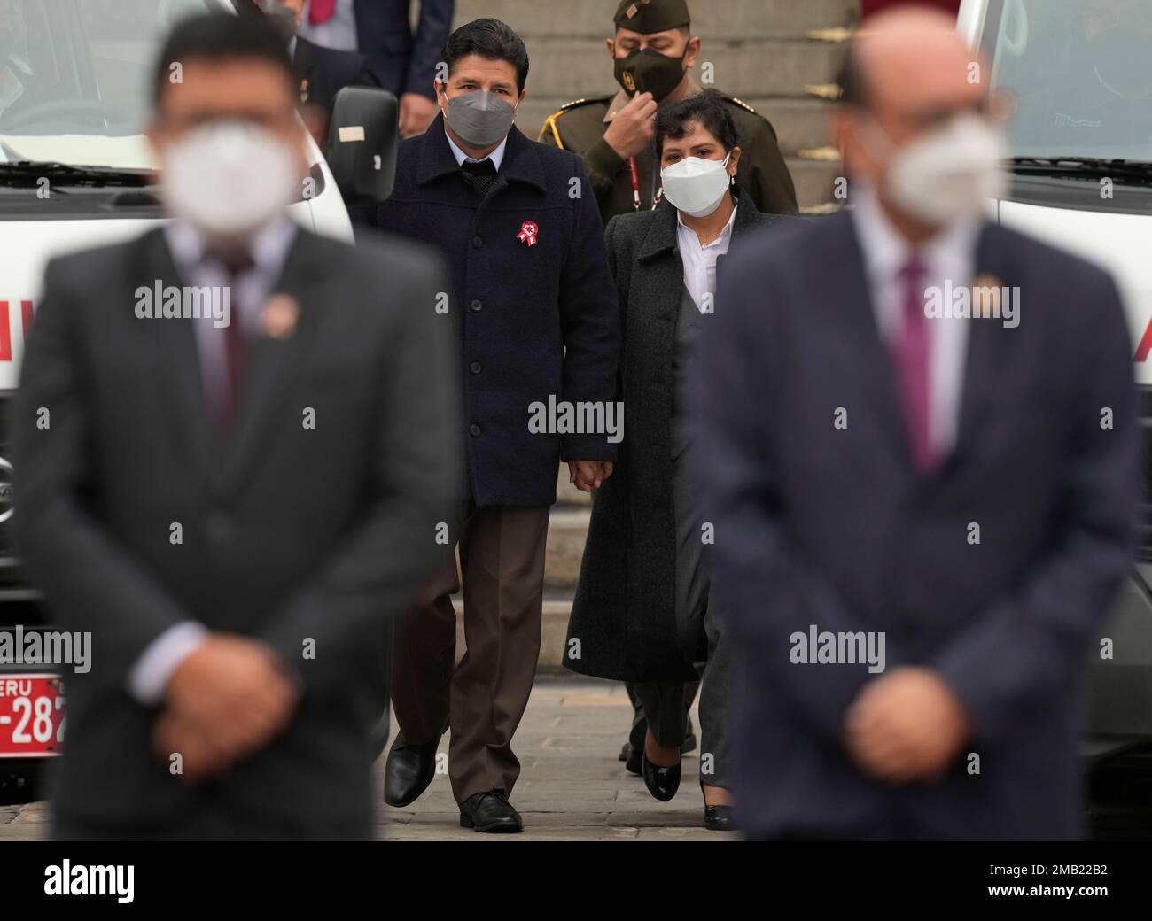 Peruvian President Pedro Castillo arrives to the government palace with ...