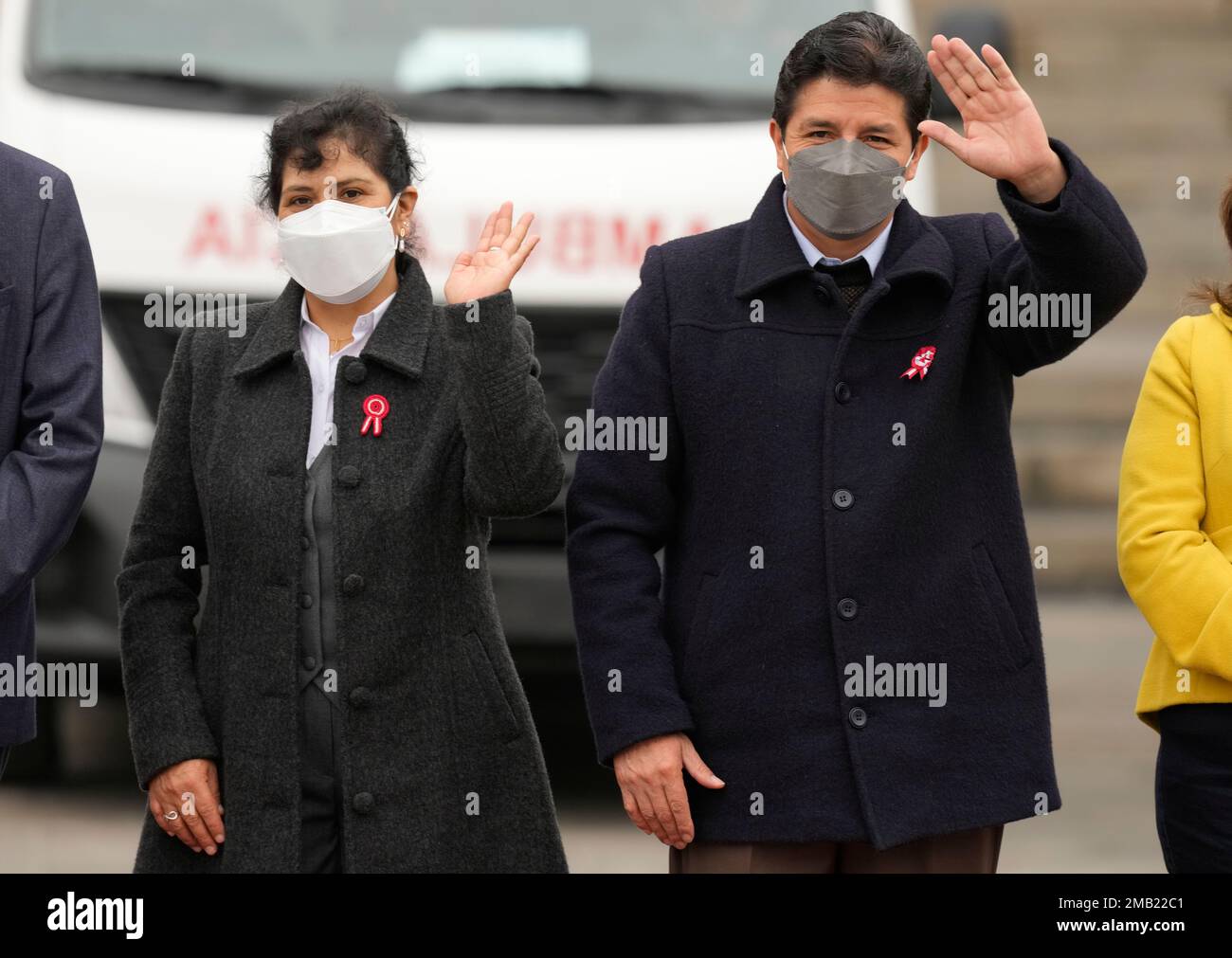Peru's President Pedro Castillo and wife Lilia Paredes wave during a ...