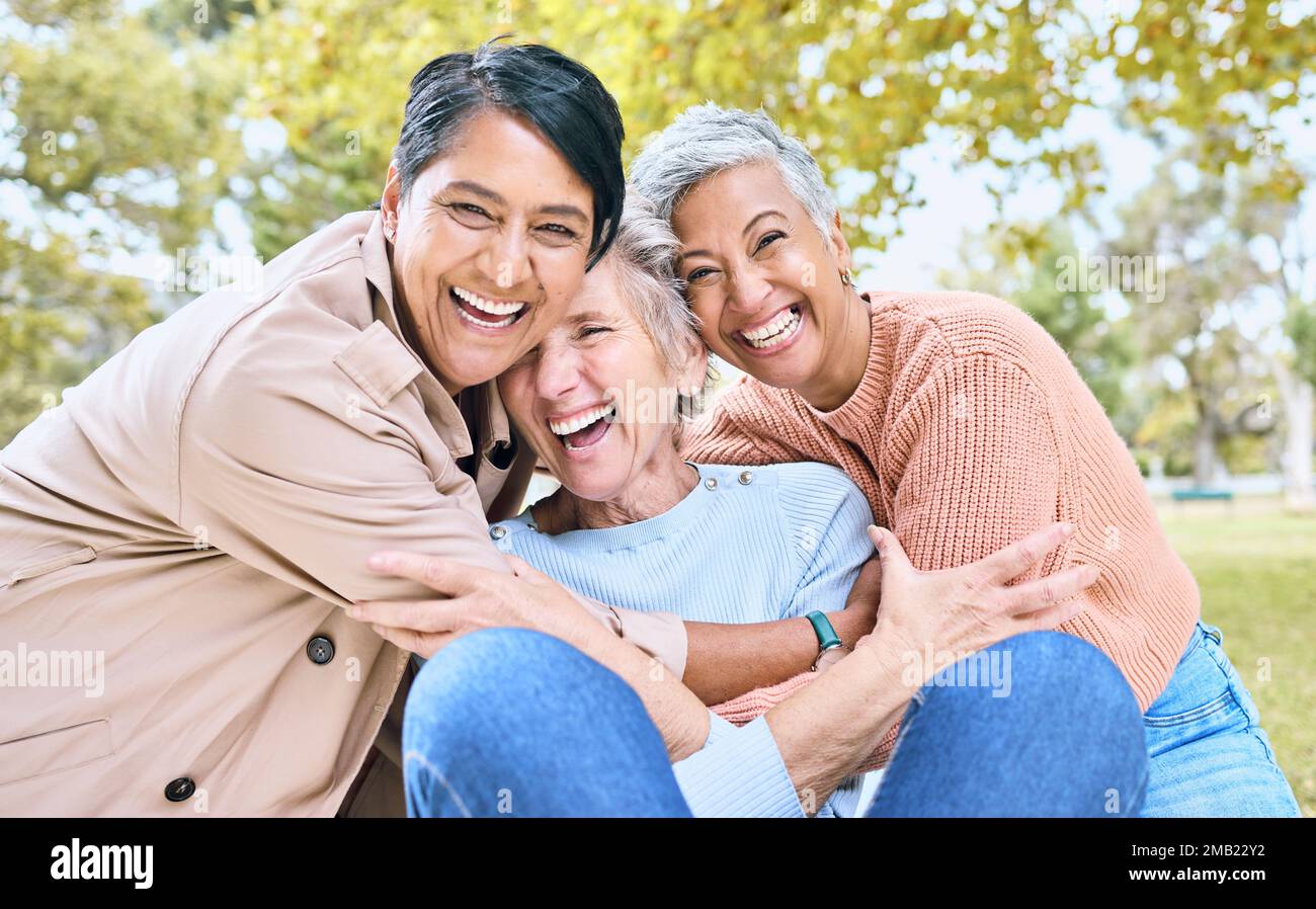 Retirement, women or laughing portrait in funny hug game, comic bonding or silly group activity ...