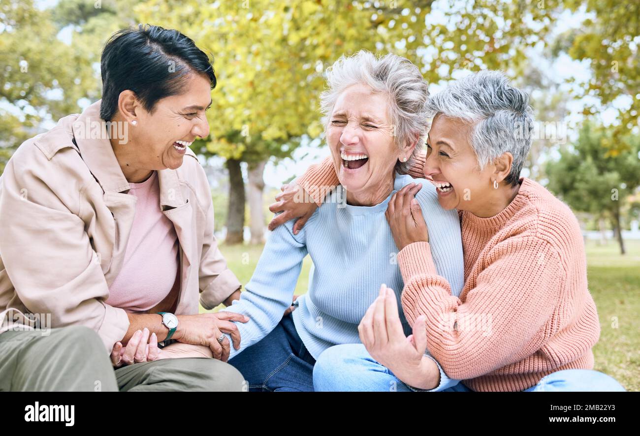 Senior women, laughing and bonding in comic joke, funny meme or silly ...