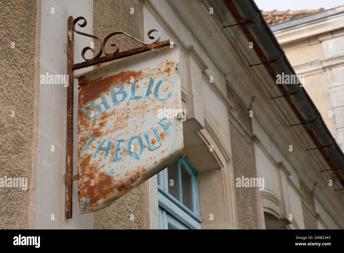 bibliotheque sign french text on facade means library on panel rusty ...