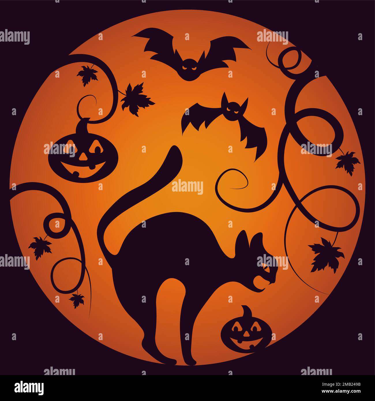 Autumn illustration with black cat and bats on gradient background for ...