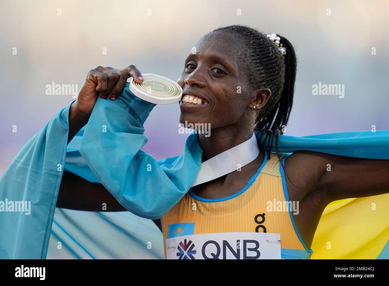 Gold medalist Norah Jeruto, of Kazakhstan, celebrates after her win in ...