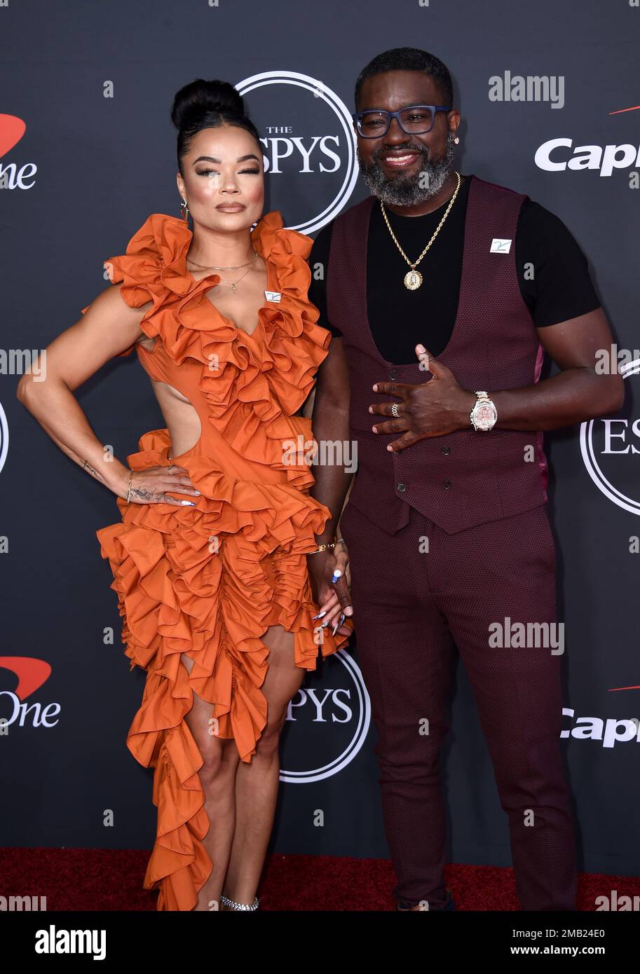 Dannella Lane, left, and Lil Rel Howery arrive at the ESPY Awards on Wednesday, July 20, 2022 ...