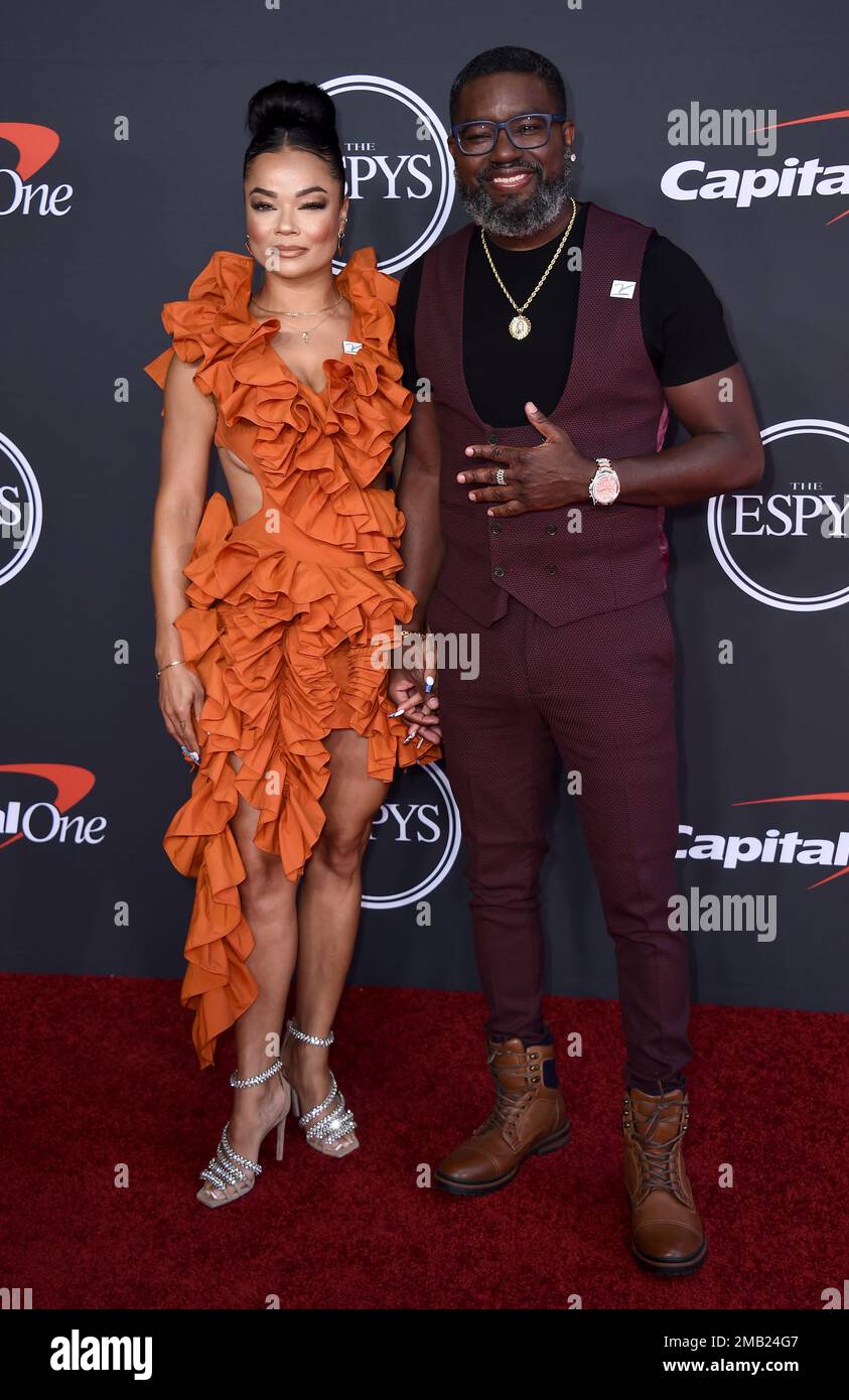 Dannella Lane, left, and Lil Rel Howery arrive at the ESPY Awards on Wednesday, July 20, 2022 ...