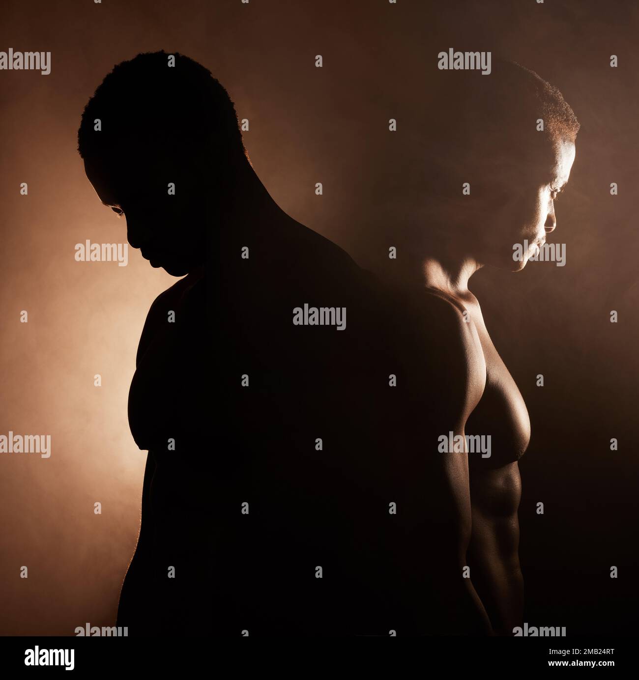 Black man, dark studio and muscle silhouette reflection with thinking ...