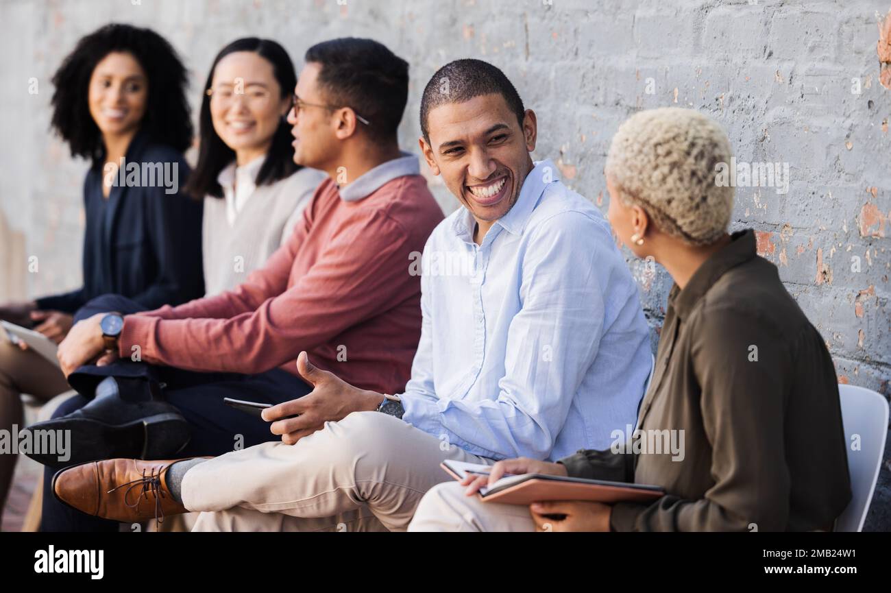 Happy, recruitment or startup people for digital agency job interview ...