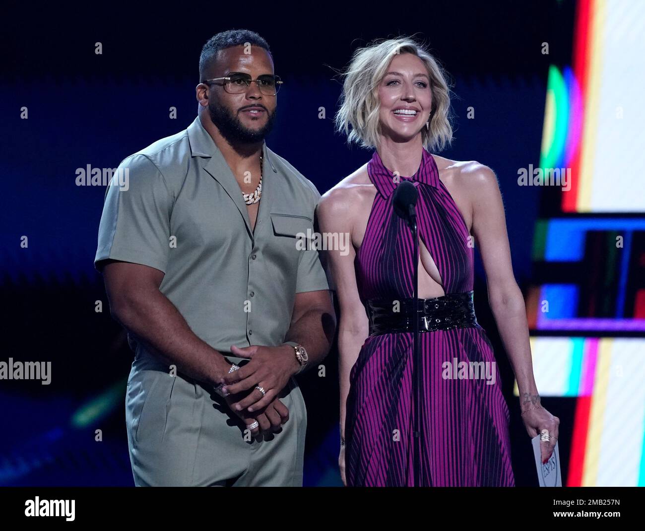 NFL player Aaron Donald of the Los Angeles Rams, left, and Heidi ...