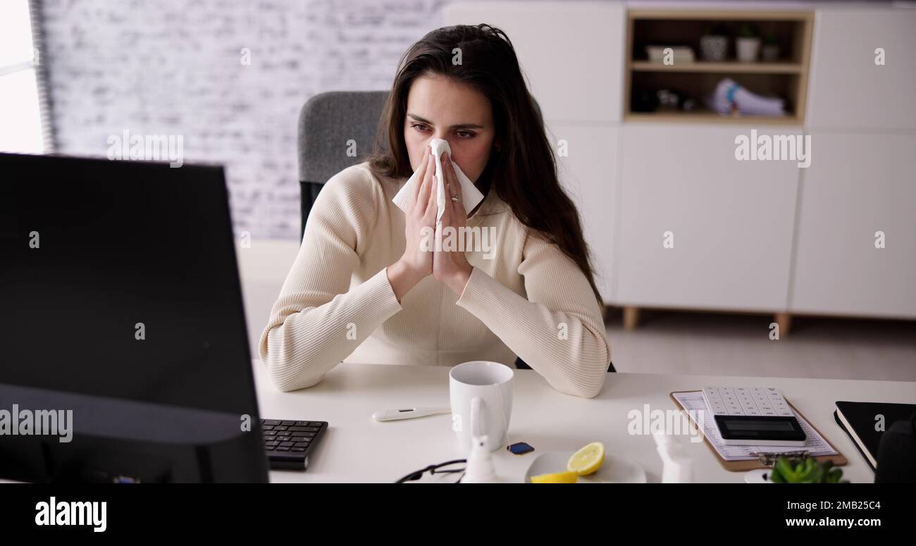 Sick Office Employee Sneezing At Work. Business Executive Stock Photo ...