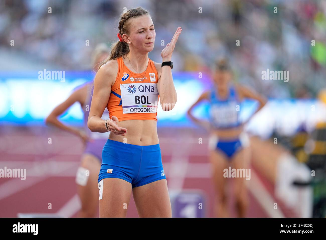 Femke Bol, of the Netherlands, prepares for the semifinal of the women ...