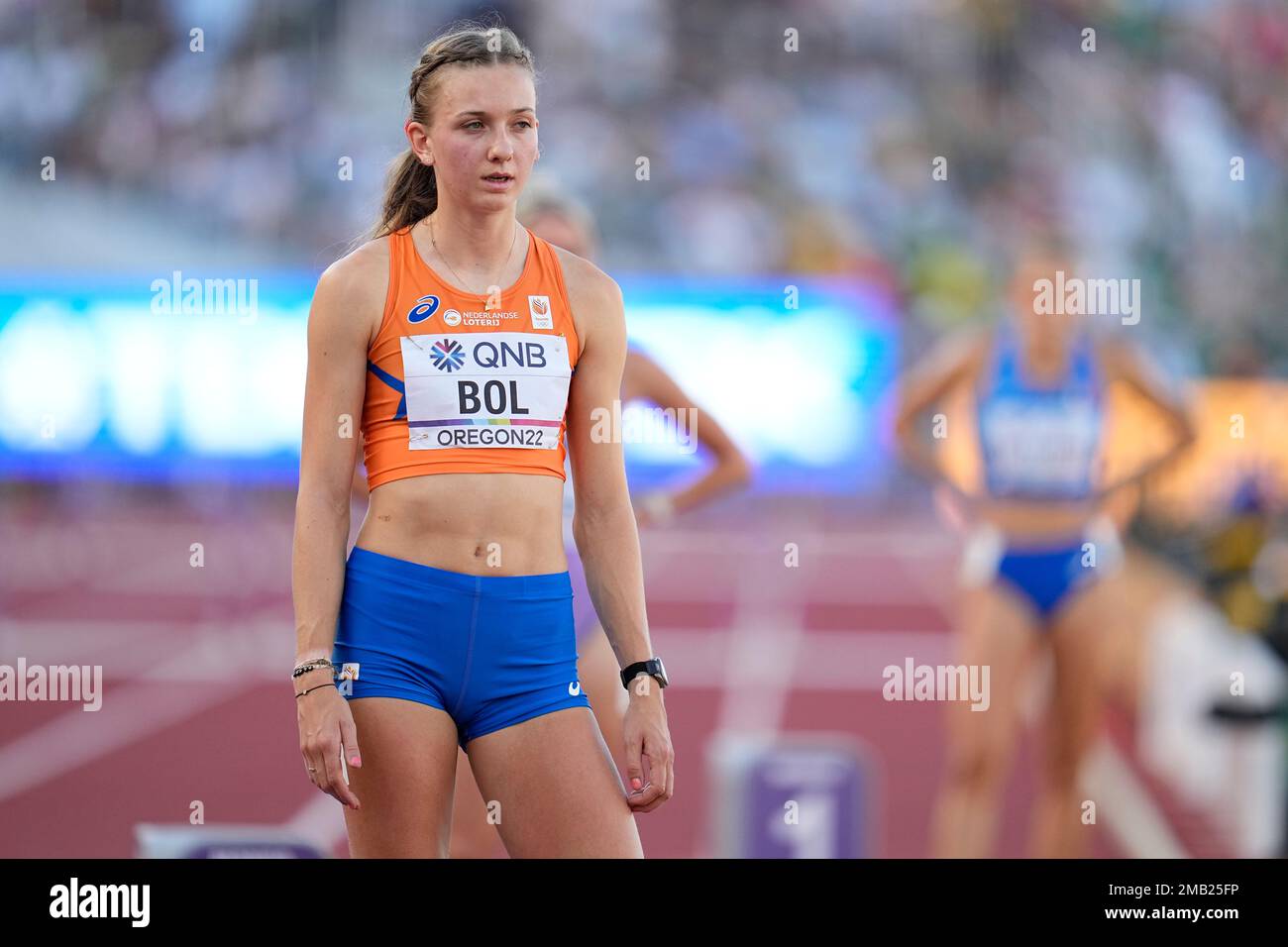 Femke Bol, of the Netherlands, prepares for the semifinal of the women ...