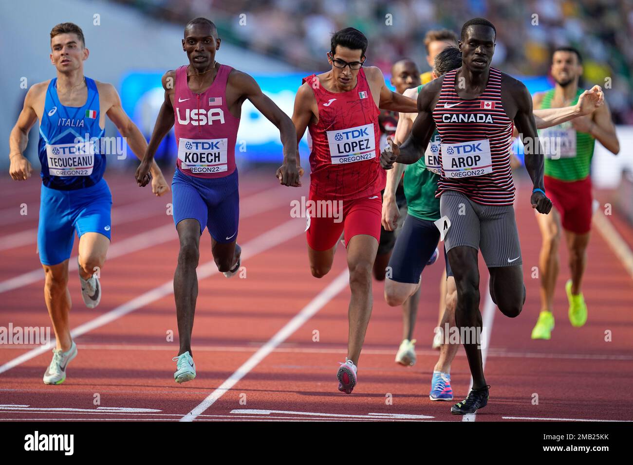 Marco Arop, of Canada, wins during a heat in the men's 800-meter run at ...